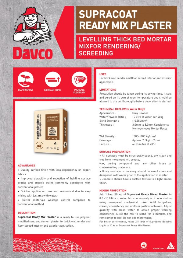 SUPRACOAT READY MIX PLASTER 40KG - Labuan Hardware (Kemajuan Trading)